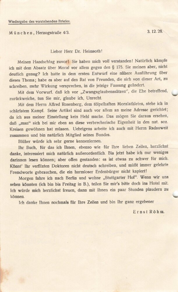 Flugblatt, "Die anormale Veranlagung des Hauptmanns Ernst Röhm", Brie
