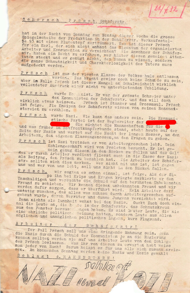SPD Flugblatt, "Schlagt NAZI und KOLI", 1932, ca. DIN A4, gelocht, ve