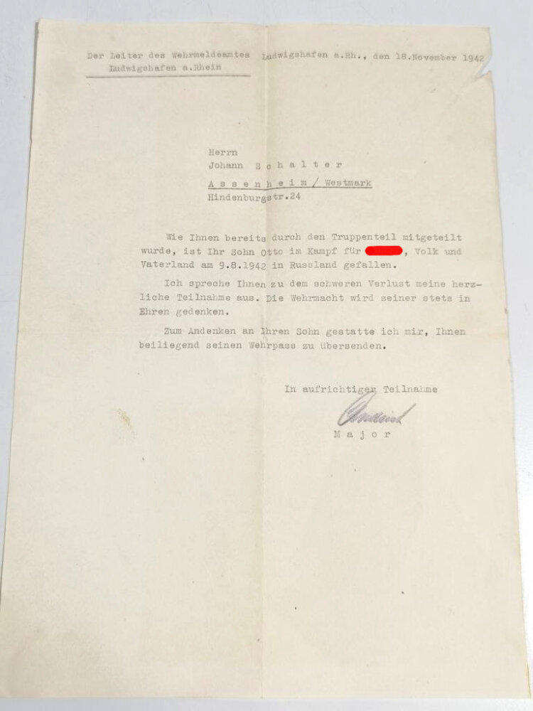 Josef Bürckel, Gauleiter Saarpfalz. Anschreiben bzgl Heldentod von 19